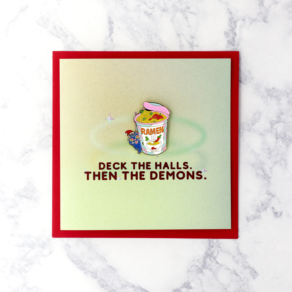 Derpy Tiger & Ramen "Deck The Halls" Holiday Card (with Enamel Pin ...